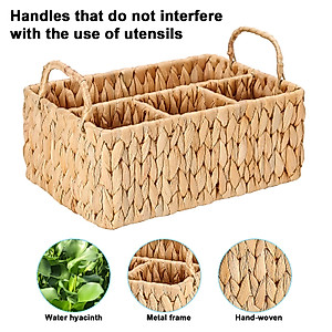 Niuirt Wicker Party Silverware Caddy, Water Hyacinth Plastic Cutlery Utensil Holder, Hand Woven with Handles, Kitchen Countertop and Picnic flatware Organizer (4 compartments)