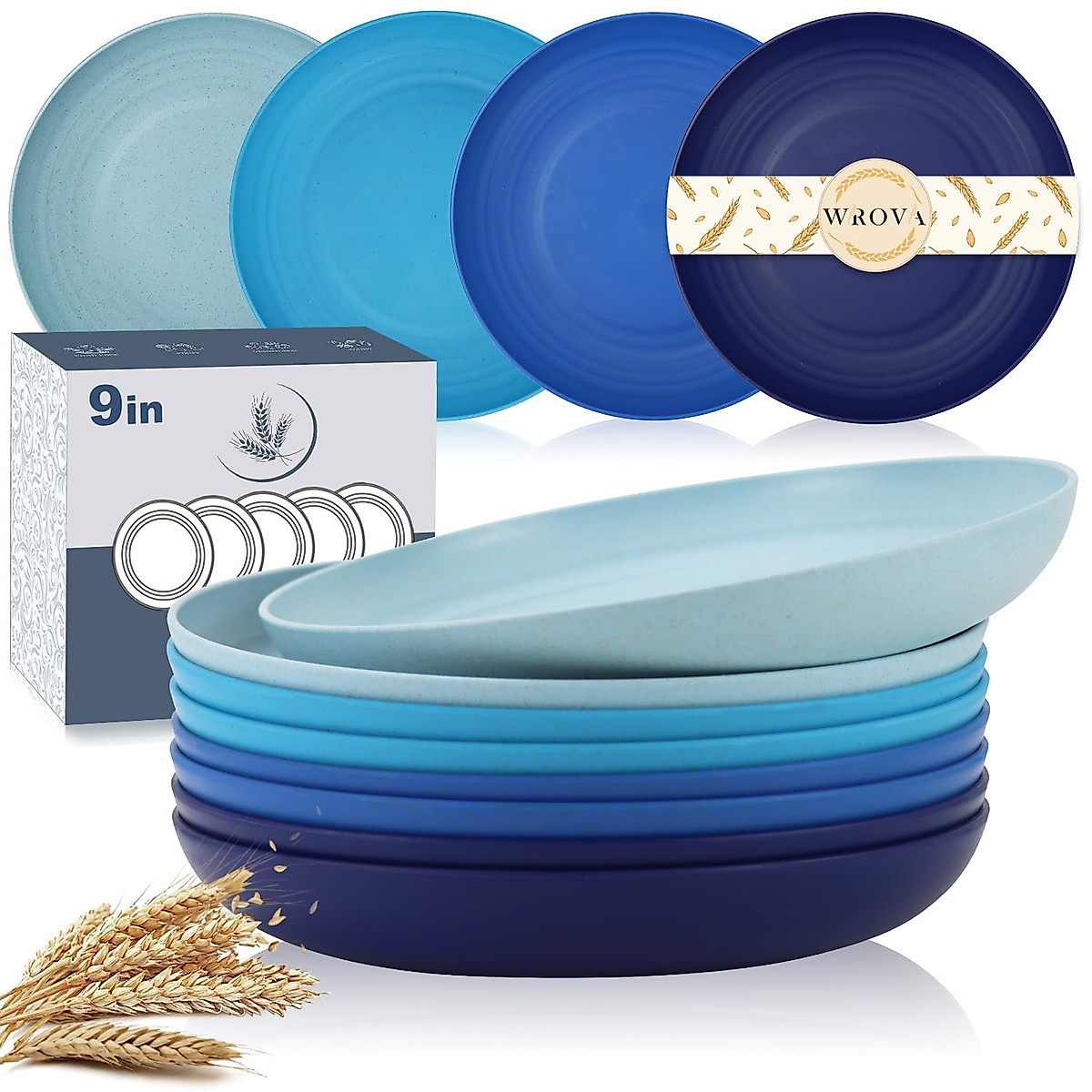 Wheat Straw Salad Plates - 9 Inch Unbreakable Dinner Plates Set of 8 - Dishwasher & Microwave Safe Plastic Plates Reusable - Lightweight Plates for kitchen,camping (Ocean)