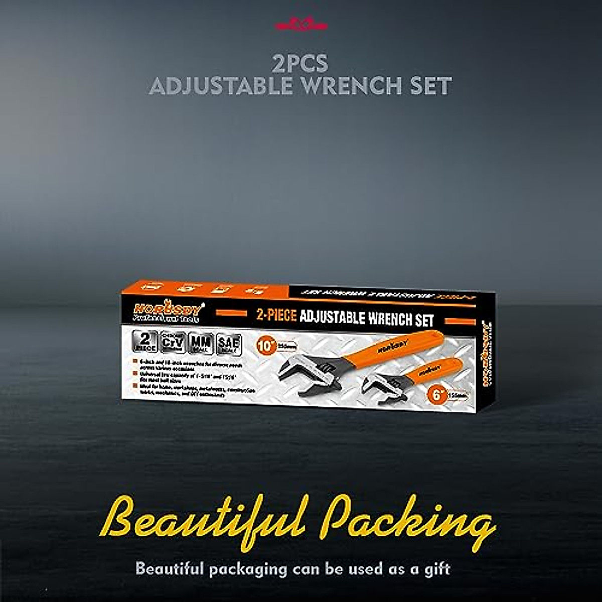 HORUSDY Adjustable Wrench Set | 2-Piece | 6-Inch and 10-Inch Crescent Wrench | Metric & SAE Scales | Cushion Grip Wrench | Cr-V Steel