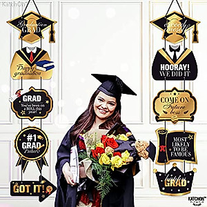 Graduation Banner 2023, Black and Gold - Graduation Porch Sign | Hanging Graduation Door Banner, Class of 2023 Graduation Decorations for Outdoor | Black and Gold Graduation Party Decorations 2023
