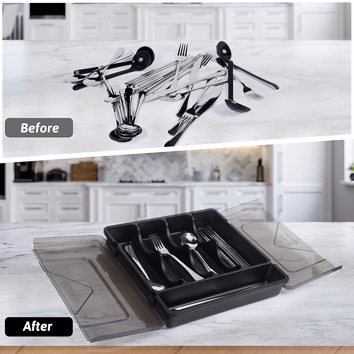 Loobuu Utensil Drawer Organizer with Lids, Silverware Tray for Kitchen Drawers, Plastic Cutlery Organizer in Drawer, 5 Compartments Flatware Organizer Tray for Kitchen and Office Drawer Storage