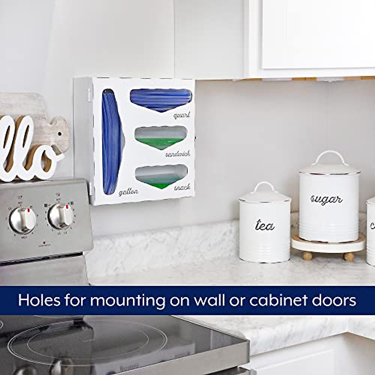 AuldHome Enamelware Kitchen Bag Organizer (White), Farmhouse Style Holder Compatible with Zipper Seal Kitchen Storage