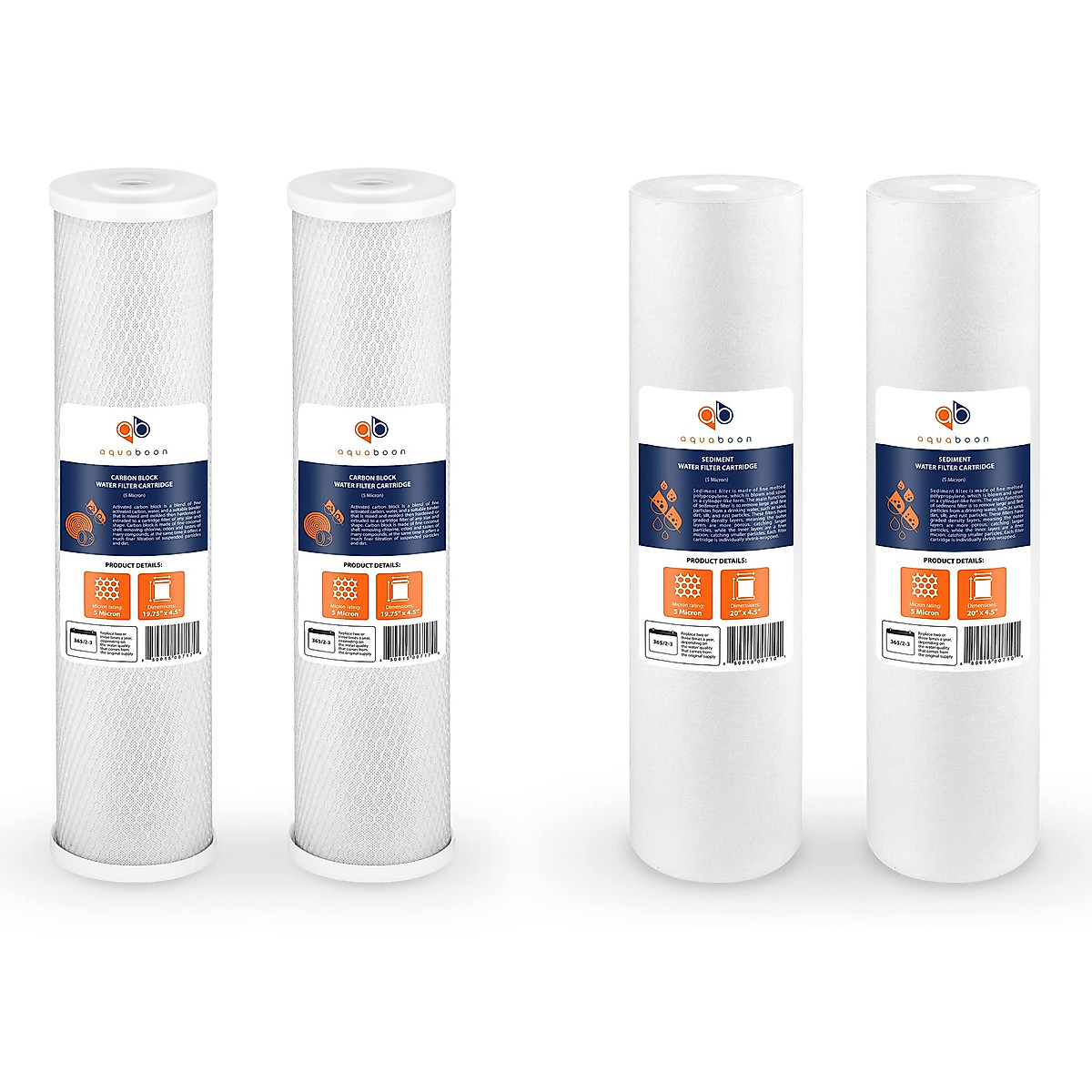 Aquaboon 2-Pack of 5 Micron 20" Sediment Water Filter Replacement Cartridge & Aquaboon 2-Pack Coconut Shell Water Filter Cartridge | Universal Whole House 5 Micron 20 inch Cartridges