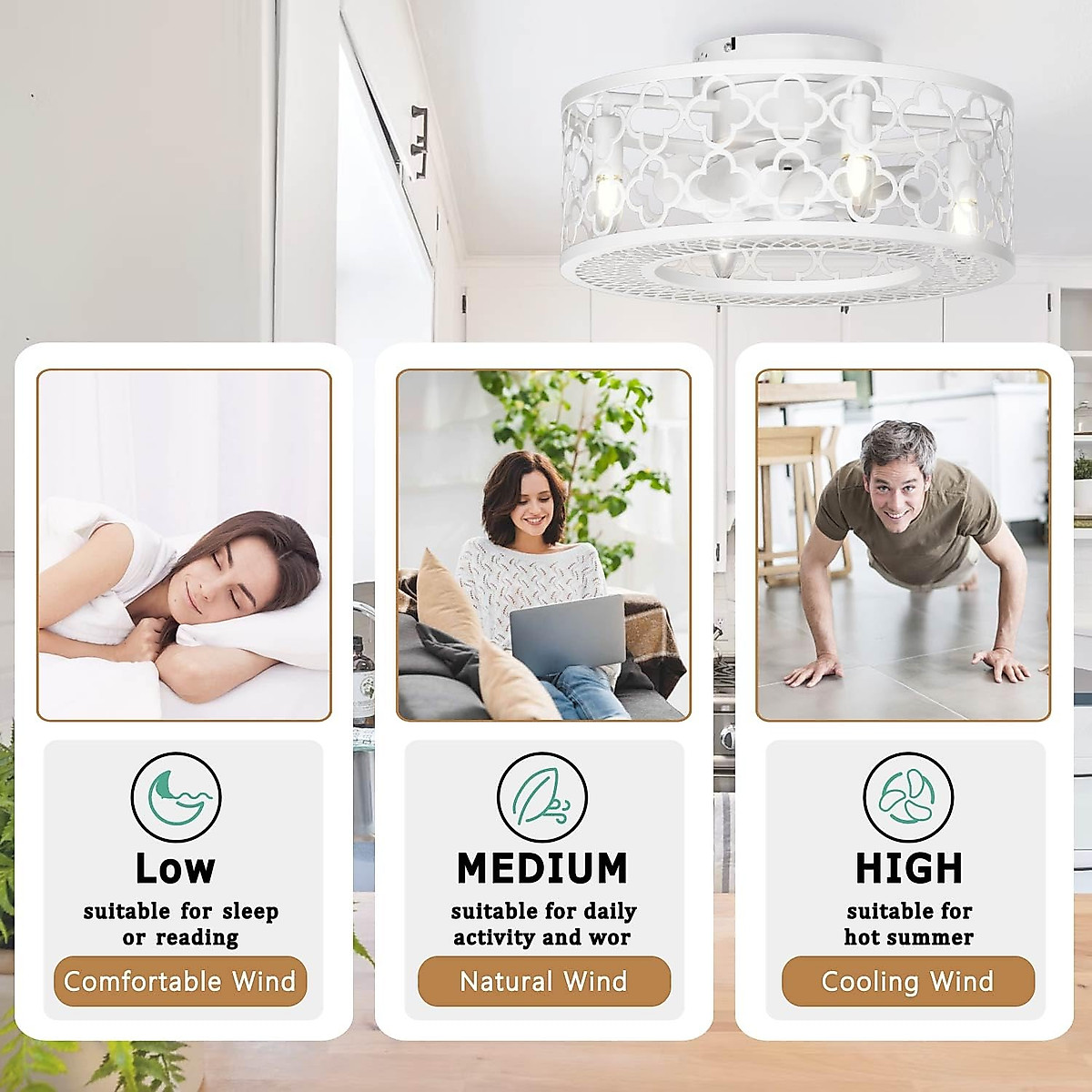 Coolbull White Caged Ceiling Fans with Lights and Remote Outdoor Enclosed Bladeless 18 Inch Low Profile Flush Mount Fixture Small Fandelier LED Ceiling Fan Light for Kitchen Farmhouse Bedroom