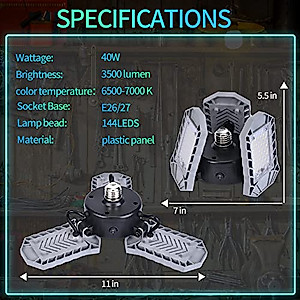 LED Garage Lights, 40W Ceiling Light with 3 Adjustable Panels, 3500LM 6500K Ultra Bright LED Light for Garage Basement Warehouse Workshop