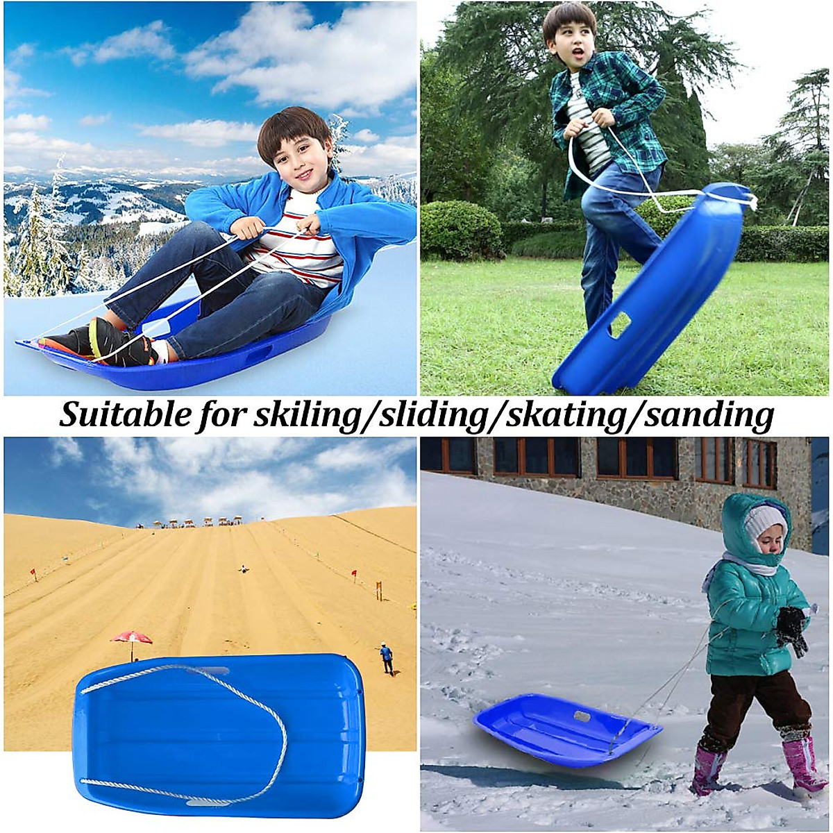 Atalawa Snow Sleds Toboggans, Sledges & Toboggans Heavy Duty Sledge Toboggan Sleigh Sled Plastic Unisex Ski Fun Board, 1 Pack Blue