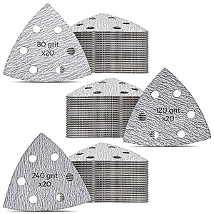 3 3/4" Triangle Sandpaper for Oscillating Multi-tool - Fits 3.5 Inch Corner Sanding Pads Including DeWalt, Milwaukee, Craftsman, Bosch, and Diablo; Delta Sandpaper with 80, 120 and 240 grits - 60-Pack