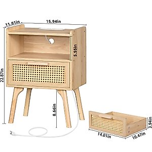 Lerliuo Rattan Nightstand with Charging Station, Boho Side Table with Drawer Open Shelf, Cane Accent Bedside End Table with Solid Wood Legs for Bedroom, Dorm and Small Spaces