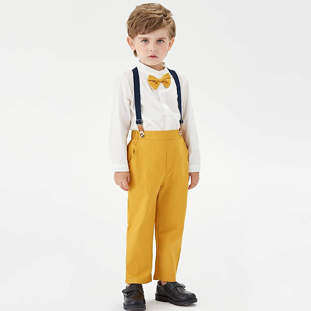 Joycebaby Toddler Boys Long Sleeve Gentleman Bowtie Overalls Outfit Suits Set(100/2-3Y, Yellow)