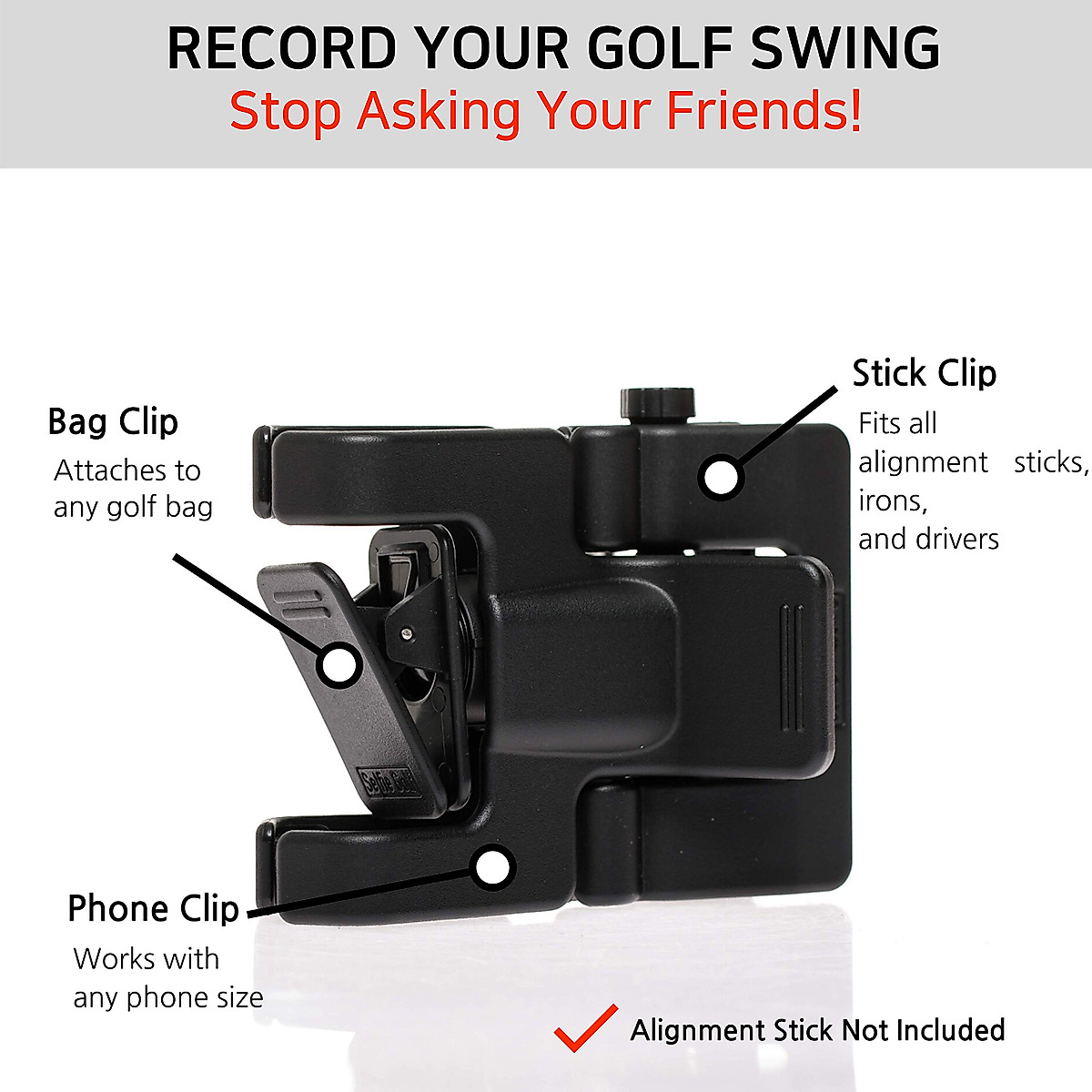 Selfie Golf Record Golf Swing - Cell Phone Holder Golf Analyzer Accessories | Winner of The PGA Best Product | Selfie Putting Training Aids Works with Any Golf Bag and Alignment Stick