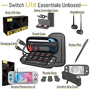 Orzly Switch Lite Accessories Bundle - Case & Screen Protector for Nintendo Switch Lite Console, USB Cable, Games Holder, Comfort Grip Case, Headphones, Thumb-Grip Pack & more (Orzly Gift Pack - Grey)