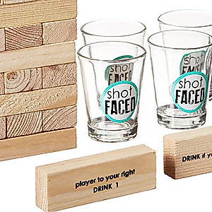 Game Night Tipsy Tower Drinking Game Adult Party Game Set with 54 Stacking Wooden Blocks & 4 Durable Lead-Free Shot Glasses Great Gift Idea for 21st Birthday,Brown,10 in x 9 in x 3 in