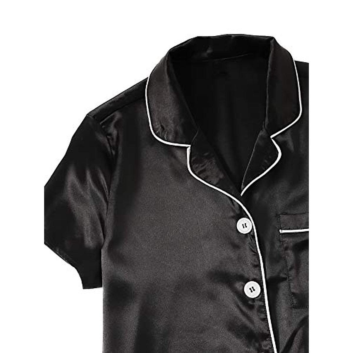 WDIRARA Women's Sleepwear Striped Satin Short Sleeve Shirt and Shorts Pajama Set Dull Black S