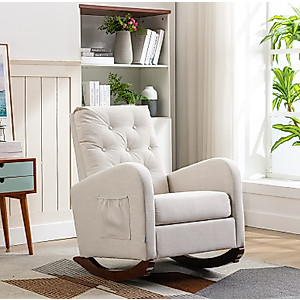 Antetek Modern Accent Rocking Chair, Upholstered Nursery Glider Rocker for Baby and Kids, Comfy Armchair with Pocket, Living Room Lounge Arm Chair, High Backrest with Decorative Buttons, Off White