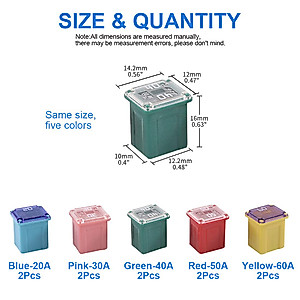 Glarks 10Pcs Automotive Low Profile Box Shaped Mini Fuse 20A 30A 40A 50A 60A Fuse Assortment Kit for Ford, Chevy/GM, Nissan, and Toyota Pickup Trucks, Cars and SUVs