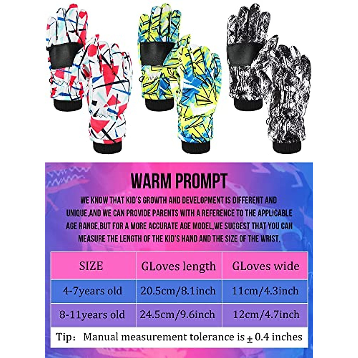 Hicarer 3 Pairs Kids Waterproof Gloves Winter Warm Snow Gloves Boys Girls Ski Gloves Windproof for Cold Weather (Cool Style, 8-11 Years)