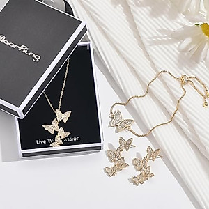 MAARRING Butterfly Jewelry Set - 14K Gold Plated Dainty Butterfly Necklace Bracelet Set with Cubic Zirconia, Birthday Bar Mitzvah Gifts for Women (Gold)