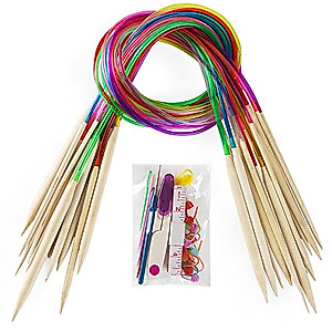 18 Pairs Bamboo Knitting Needles Set, Vancens Circular Wooden Knitting Needles with Colorful Plastic Tube, Small Tools for Weave are Included, 18 Sizes: 2mm - 10mm, 31.5" Length