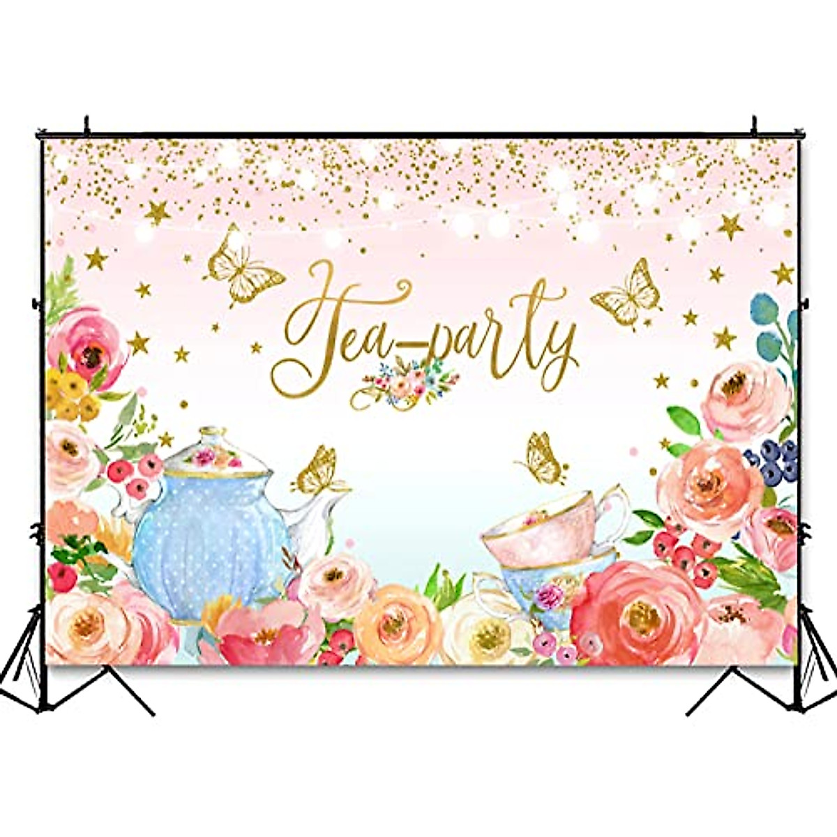 Pink Floral Tea Party Backdrop Glitter Gold Dots Butterfly Let's Partea Photography Background for Women Birthday Bridal Baby Shower Decorations Girls Wonderland Party Banner Photo Booth Props 10x7ft