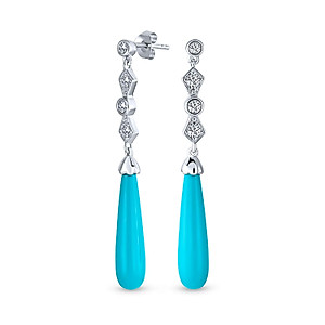 Elegant Long Linear Cubic Zirconia CZ Blue Stabilized Turquoise Elongated Teardrop Chandelier Earrings Western Jewelry For Women .925 Sterling Silver