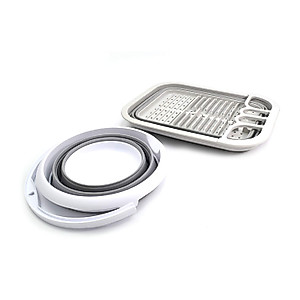 SAMMART 2pcs Kitchen & Outdoor Set : Collapsible Dish Drainer with Drainer Board & 5L Collapsible Plastic Bucket (2, Grey+Grey)