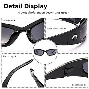 PEGH Wrap Around Sunglasses Y2K Trendy, Fashion Black Sporty Sun Glasses Moon Décor Shades