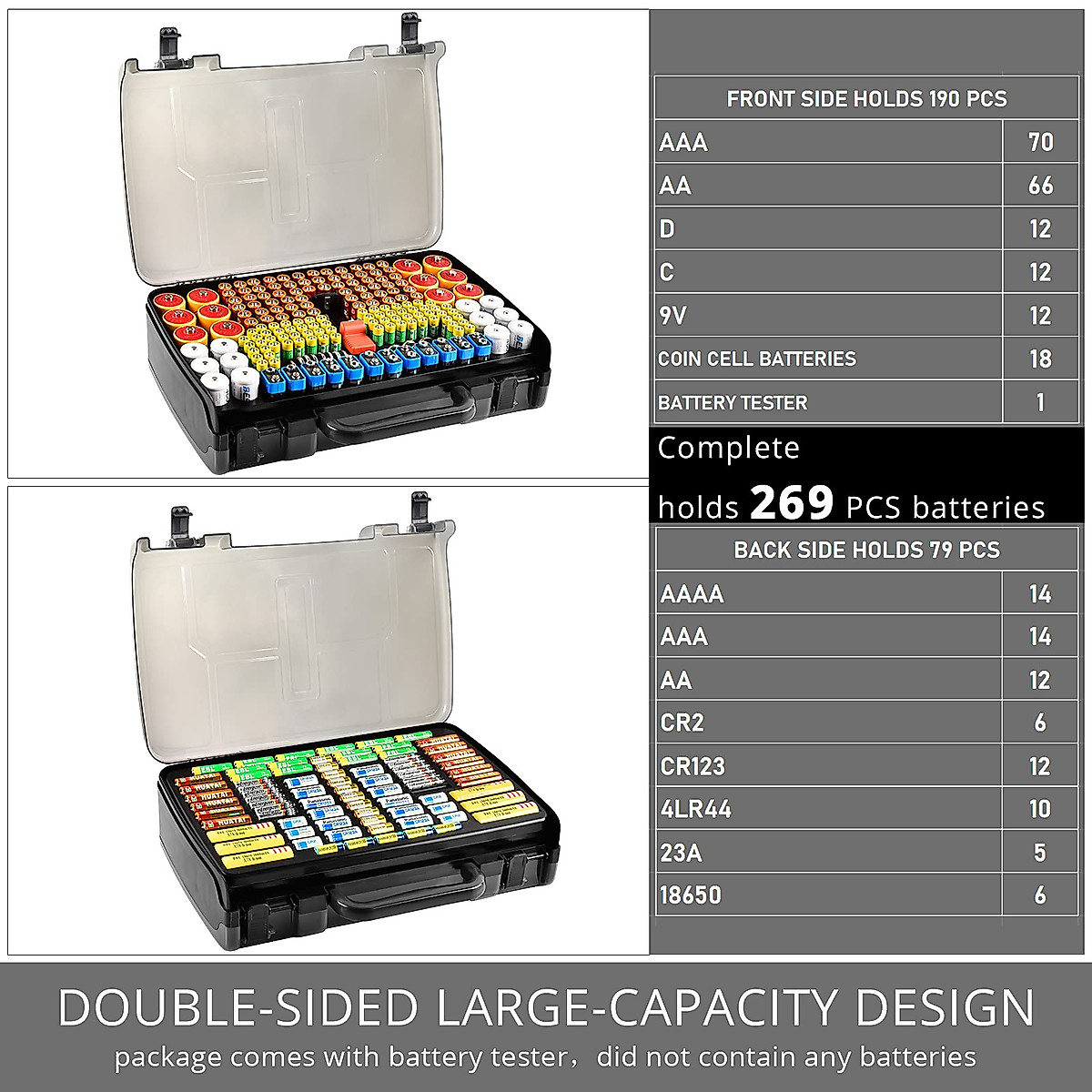 Aptbyte Battery Organizer Storage Holder Box Case with Tester- 269 Batteries Double-Sided Variety Pack, Holds AA AAA 4A C D Cell 9V 3V Lithium LR44 CR2 CR123 CR1632 18650 Button- Grey