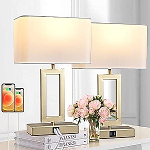 Set of 2 Table Lamps with Dual USB Ports,Touch Control for Bedside and Nightstand in Bedroom, 3-Way Dimmable Modern for Desk, Living Room, Office, LED Bulbs Included, Gold&White
