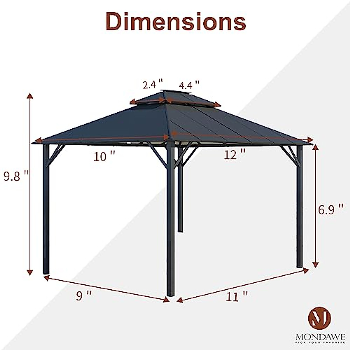 MONDAWE 10x12Ft Hardtop Gazebo Double Aluminum Composite Roof Patio Outdoor Canopy Grand Gazebo Permanent Pavilion Aluminum Frame with Netting Pergola for Patio Lawn Garden
