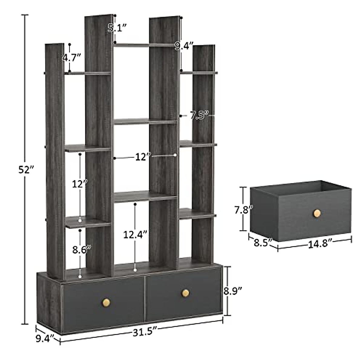 Unikito Book Shelf with 2 Drawers Free Standing Bookcase, Office Storage Shelf Organizer with 12 Open Bookshelf, Industrial Wood Book Case Display Rack for Bedroom, Living Room Home Office, Gray Oak