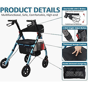 BlessReach Heavy Duty Rollator Walker - Aluminum Rolling Walker for Seniors and Adults with Large Seat, Support Up 450 lbs (Blue)