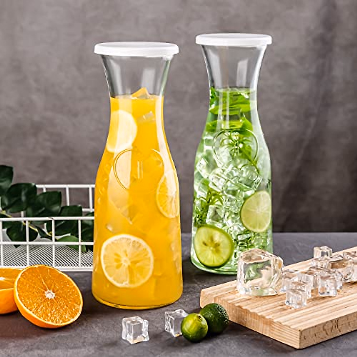 Glass Carafe 4 Pack, Goldarea 35 Oz Water Carafe with 6 Lids, 1 Liter Glass Pitcher, Beverage Jugs, Carafe Set for Mimosa Bar Supplies, 4 Long-Handled Mixing Spoons and Chalkboard Label