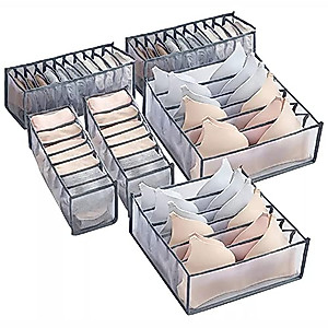 6PCS Drawer Organizer underwear Closet Divider Women (2 X 6,7 and 11 grids) for Clothes Storage Organization, Dresser, Drawer and Closet Organizers for: Underwear, Bra, Sock, & More, Gray (PSL-S13)