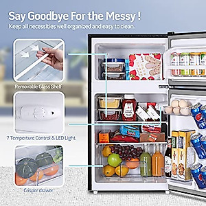 Frestec Mini Fridge with Frezzer,3.2 Cu.Ft Mini Fridge for Bedroom,Small Refrigerators,2 Door Compact Refrigerator 37dB Quiet,7-Settings Mechanical Thermostat,LED Lights for Dorm, Office, Apartment (Stainless Steel)