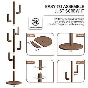 KASLANDI Coat Rack,Unique Design Cactus Coat Rack Freestanding，FAS Grade Rubber Wood,Adjustable Height Wooden Coat Rack Stand with 6 Hooks, Coat Tree Easy to Assemble (Walnut)