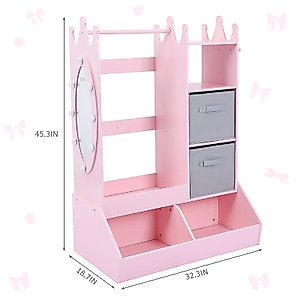 Pink Dress-Up Storage for Girls - Includes Light, Mirror, Clothing Rack with Bin, and Open Hanging Armoire Closet
