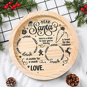 Sliner Christmas Wooden Santa Cookie Plates Round Treat Plates Serving Trays 11.81" Milk Snacks Cookie Plates for Gift Giving Cute Xmas Platters Decorative Santa Treat Board for Holiday Supply