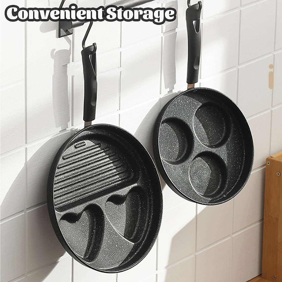 Egg Frying Pan, 3 In 1 Nonstick Egg Steak Pan for Home, Divided Omelette Pan Flat Bottom for Pancakes, Bacon&Sausage,Healthy Coating Cookware Skillet Pan for Gas Stove and Induction Cooker (Black)