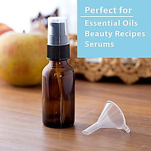 JUVITUS 1 oz / 30 ml Amber Glass Boston Round Bottle with Black Treatment Pump (12 pack) + Funnel Refillable Empty Storage Containers