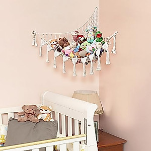 YUNII Toy Hammock for Stuffed Animal Storage,Large Capacity Bath Toy Organizers,Baby Toy Storage with Fairy Lights,Durable Cotton Net for Bedroom Kids Room,Play Room Boho Nursery Decor