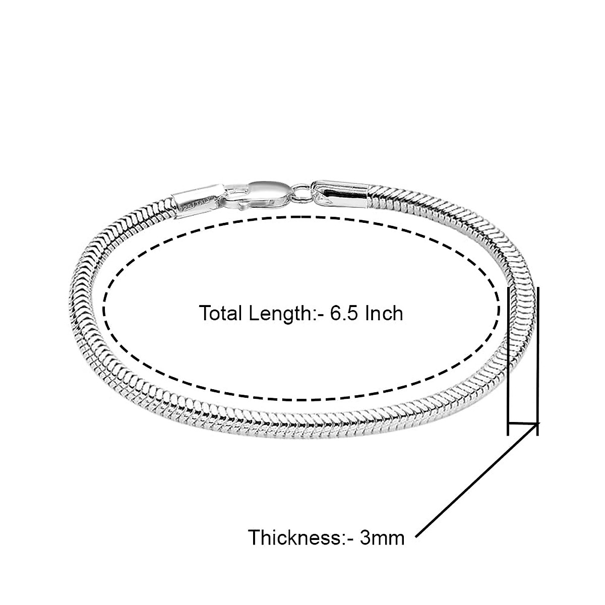 LeCalla Solid 925 Sterling Silver Italian 3 MM Snake-Chain Bracelet for Teen and Women 6.5 Inches