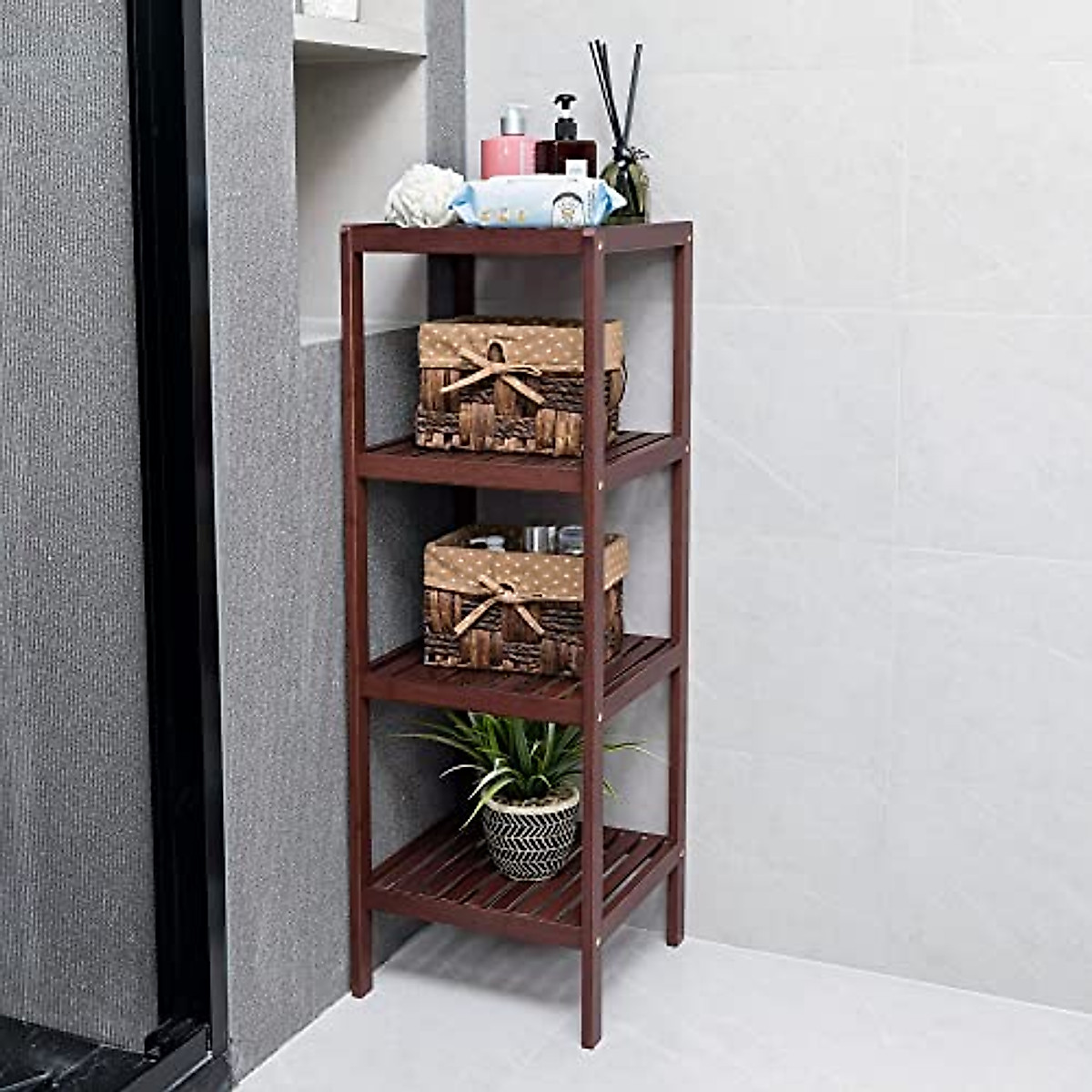 Zoopolyn 100% Bamboo Bathroom Shelf 13 x 13 x 39 inches 4-Tier Multifunction Standing Towel Rack Storage Organizer Unit Brown