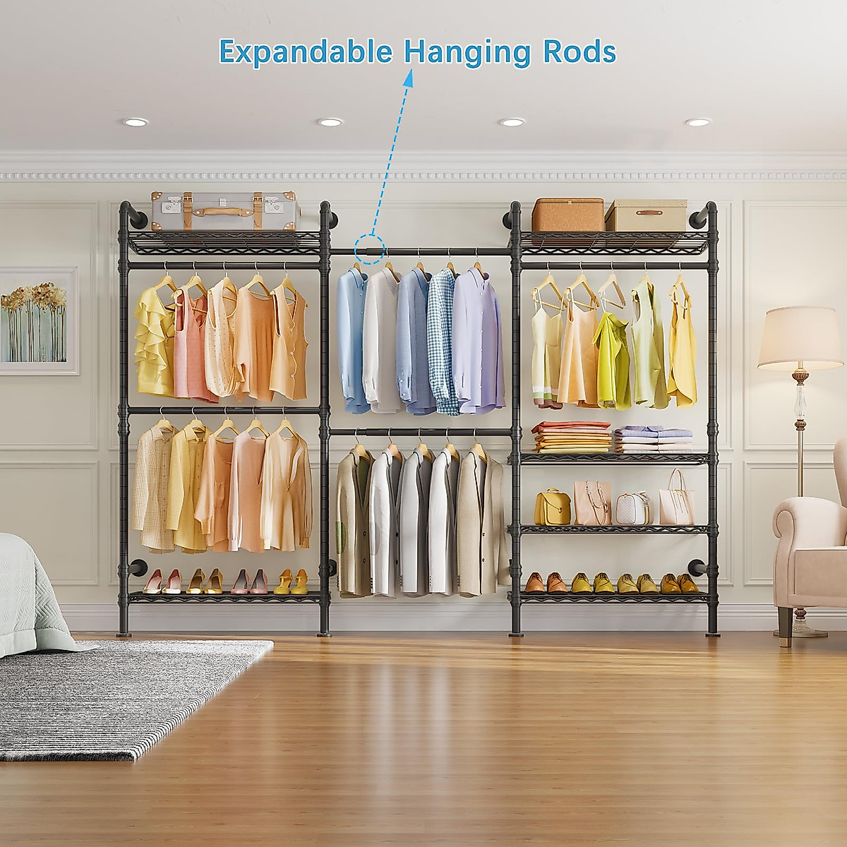 Timate L3 L Shape Garment Rack Heavy Duty Clothes Rack for Hanging Clothes, Expandable Industrial Pipe Wall Mounted Clothing Rack, Adjustable Corner Closet Wardrobe Closet Kit Closet Systems, Black