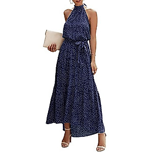 PRETTYGARDEN Women’s Casual Halter Neck Sleeveless Floral Long Maxi Dress Backless Loose Ruffle Sundress with Belt (Navy,X-Large)