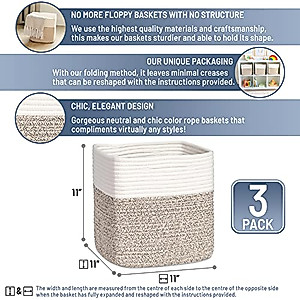 NaturalCozy Storage Cubes 11 Inch Cotton Rope Woven Baskets for Organizing, 3-Pack | Cube Storage Bin | Square Storage Baskets for Shelves Organizer, Classroom, Kids Toy Bins, Closet, Baby Nursery