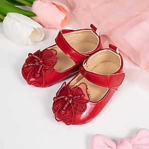 Oamico Infant Baby Girls Mary Jane Flats Non Slip Rubber Sole with Bownot Toddler First Walkers Princess Wedding Dress Shoes