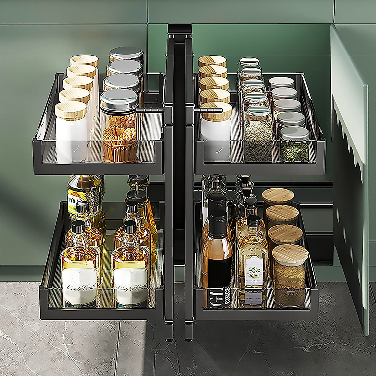 FYFUSATC Kitchen Blind Corner Pull Out Shelf with 4 Shelf Tray Baskets Hidden Pull Out Blind Corner Cabinet Organizer Heavy Duty Blind Corner Storage Cans Pots for Left or Right Blind Corner Cabinet