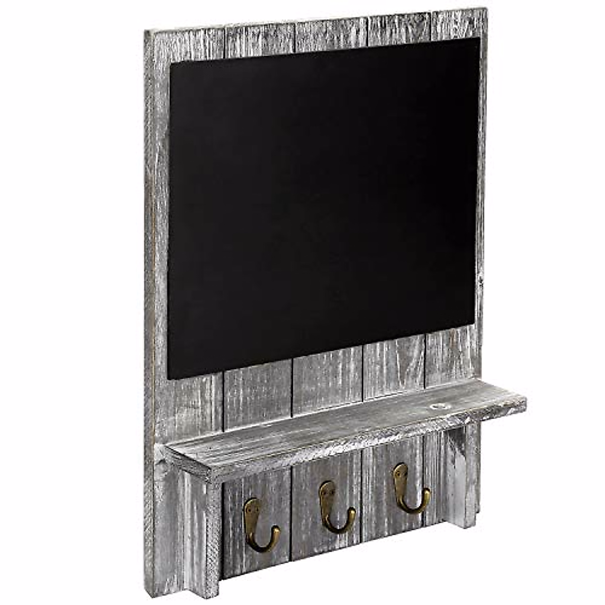 MyGift Wall Mounted Rustic Gray Wood Entryway Key Holder Organizer Rack with Chalkboard, Storage Display Shelf and 3 Hooks