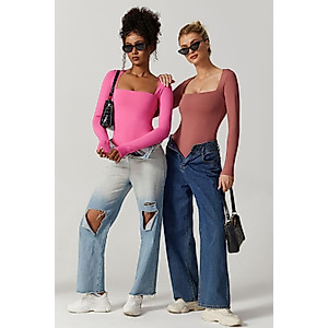 QINSEN Square Neck Shirt for Women Long Sleeve High Leg Thong Bodysuit Tops Magenta M