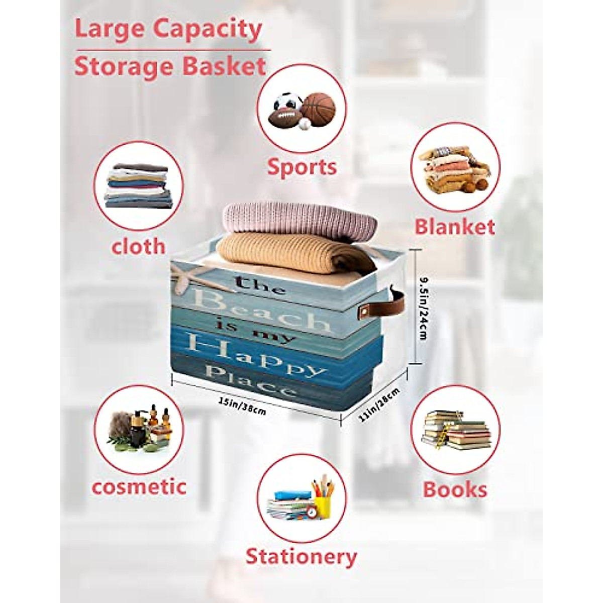 ARTtikke Storage Bins Clothes Organizer Beach Themed Storage Cubes Bin with Handles,Foldable Storage Boxes for Closet,Storage Basket for Organizing Shelves, 15x11x9.5 inch